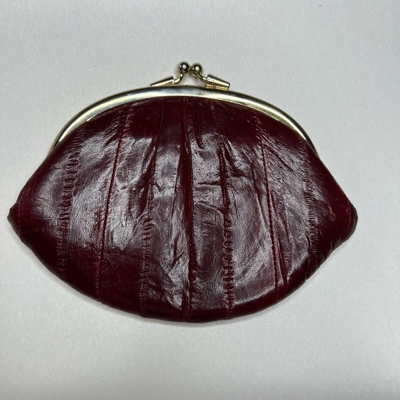 Bags | Vintage Genuine Eel Skin Double Kiss Lock Pouch Maroon W Gold ...